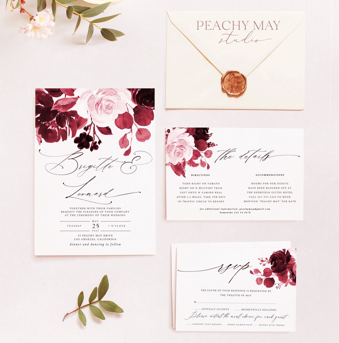 Burgundy Wedding Invitation Template, Instant Download Floral Template ...