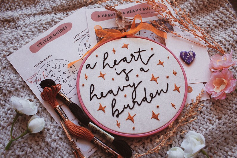 Calligraphy Embroidery Kit: "heart is a Heavy Burden" DIY, 5in Hoop - Etsy