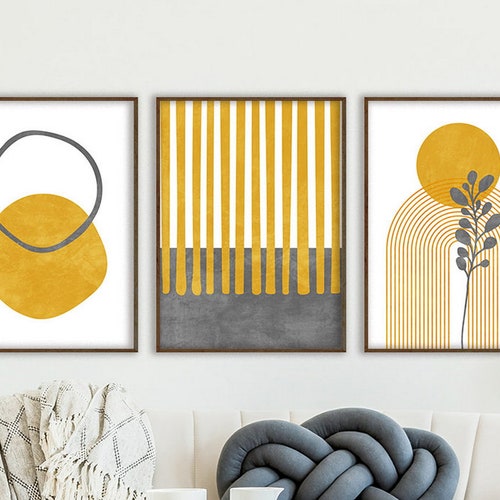 Mid Century Wall Art Set of 3 Prints Navy Blue and Mustard | Etsy