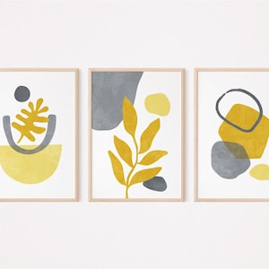 Mid Century Modern Art Set of 3 Prints, Grey and Mustard Yellow Wall ...
