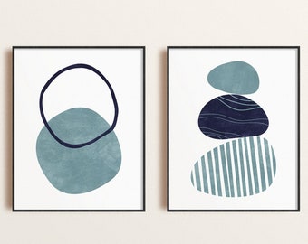 Mid Century Wall Art Set of 3 Prints Navy Blue and Mustard | Etsy