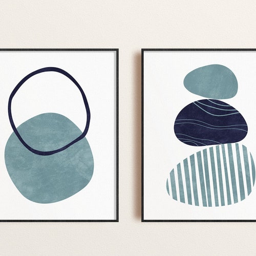Mid Century Wall Art Set of 3 Prints Navy Blue and Mustard | Etsy