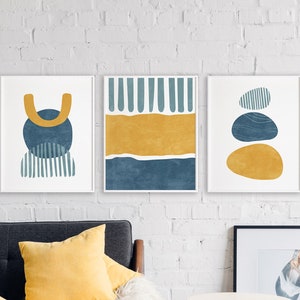 Mid Century Wall Art Set of 3 Prints, Navy Blue and Mustard Yellow 3 ...