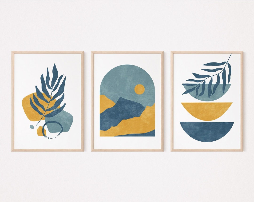 Mid Century Modern Wall Art Set of 3 Prints, Mustard Yellow and Navy ...