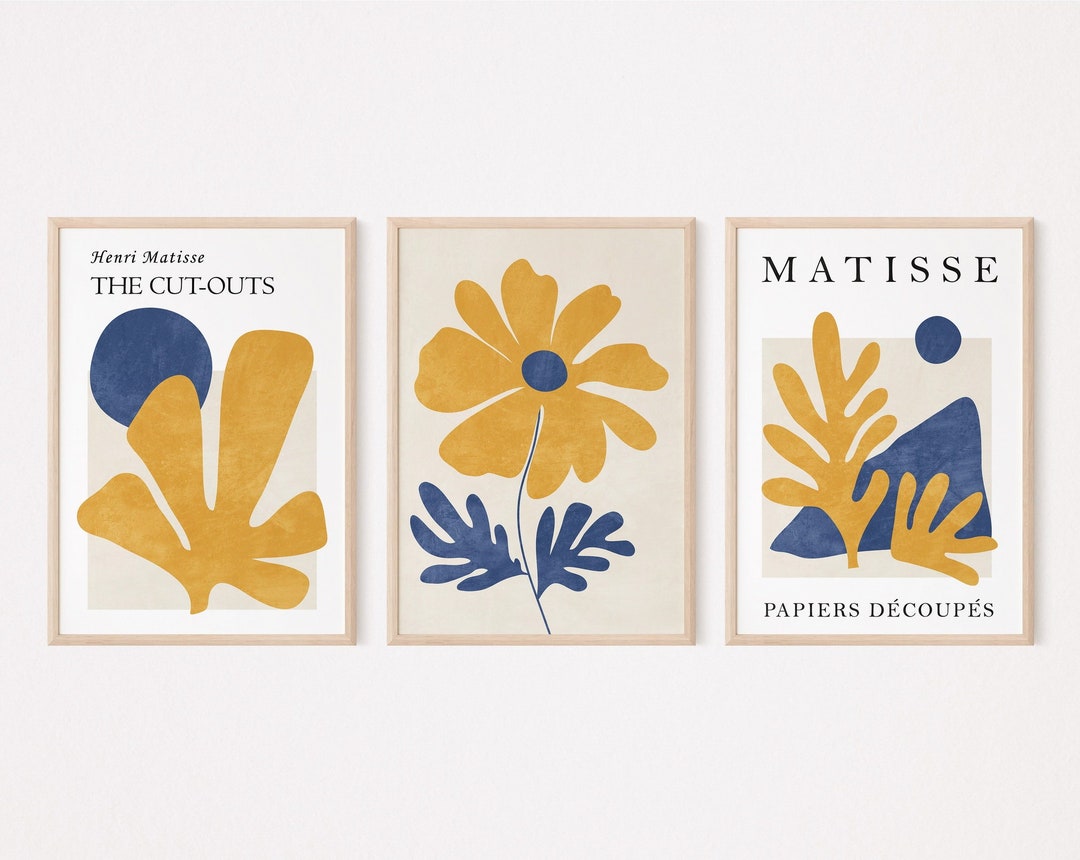 Matisse Print Set of 3, Blue and Mustard Yellow Wall Art, Abstract ...