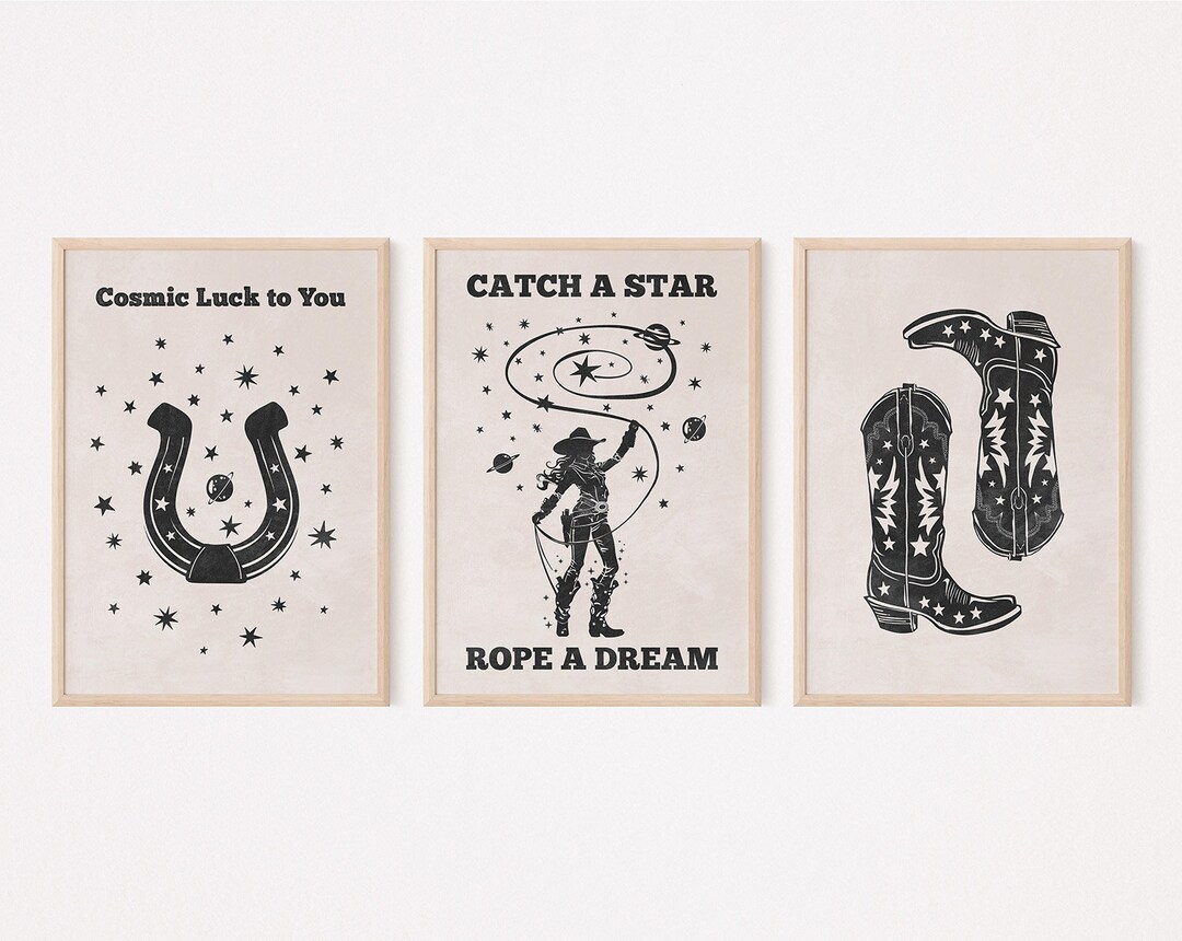 Western Wall Art Set of 3 Prints, Cosmic Cowgirl Art Print, Black and ...