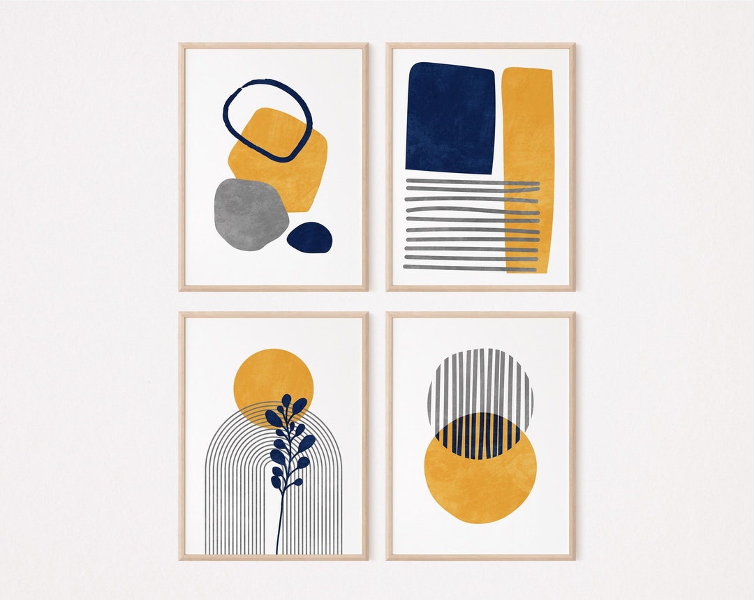 Modern Gallery Wall Set of 4 Prints, Navy Blue Grey and Yellow Wall Art ...