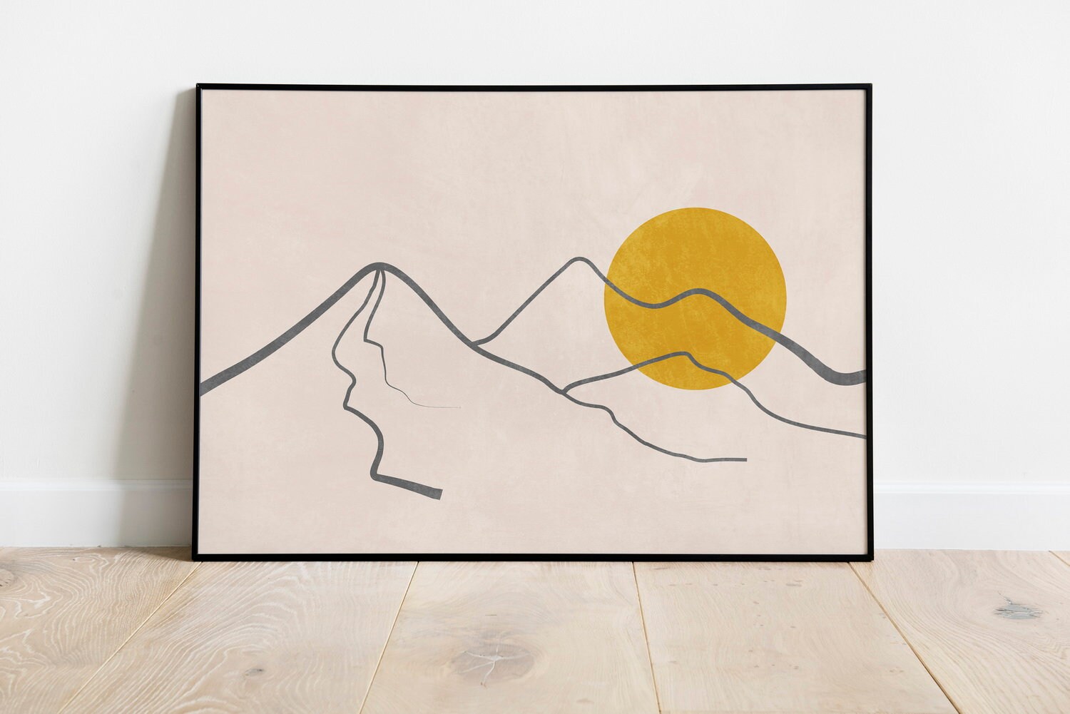 Horizontal Wall Art, Abstract Landscape Line Art, Mustard Yellow Sun on ...