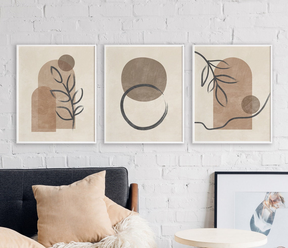 Neutral Wall Art Set of 3 Prints Geometric and Floral Japandi - Etsy