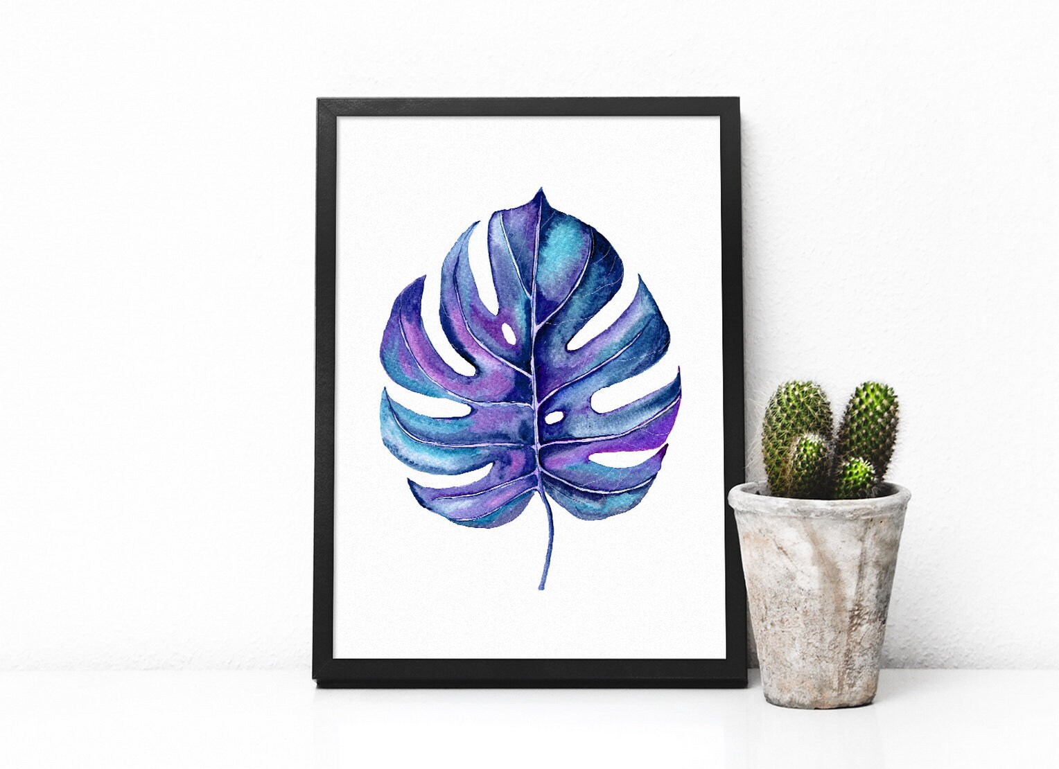 Watercolor monstera leaf print Abstract purple blue printable | Etsy