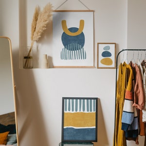 Mid Century Wall Art Set of 3 Prints, Navy Blue and Mustard Yellow 3 ...