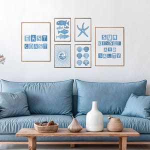 Coastal Gallery Wall Art Set of 6 Prints, Dusty Blue Retro Fishes ...