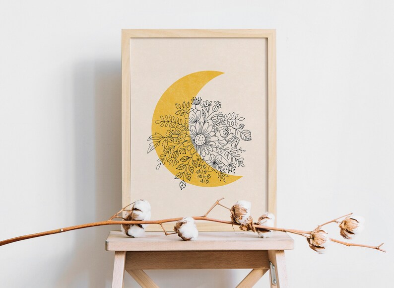 Yellow Moon Art Boho Wall Decor Moon Floral Art Print - Etsy