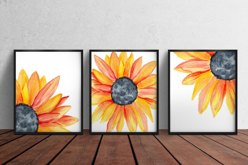Watercolor Sunflower Print, Set of 3 Posters, Sunflowers 3 Piece Wall ...