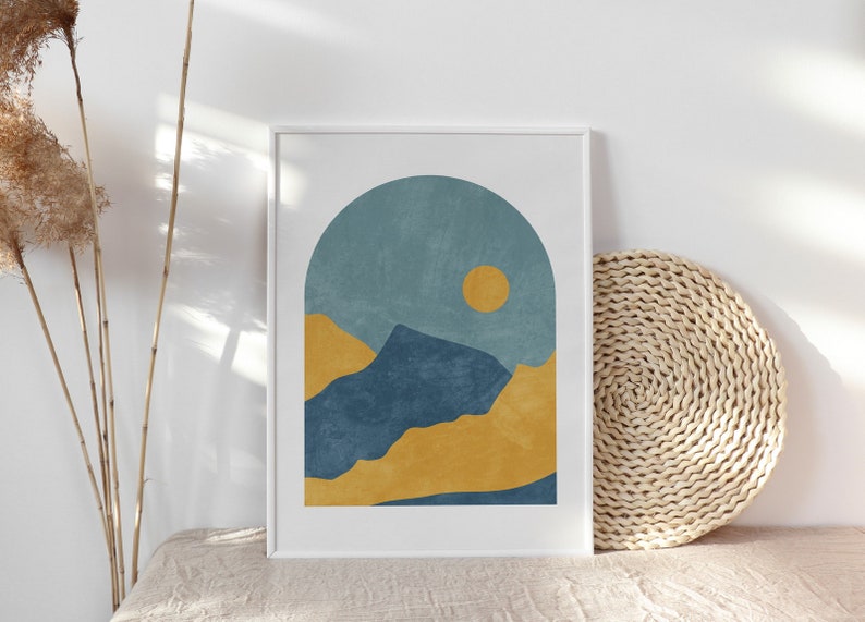 Mid Century Modern Wall Art Set of 3 Prints, Mustard Yellow and Navy ...