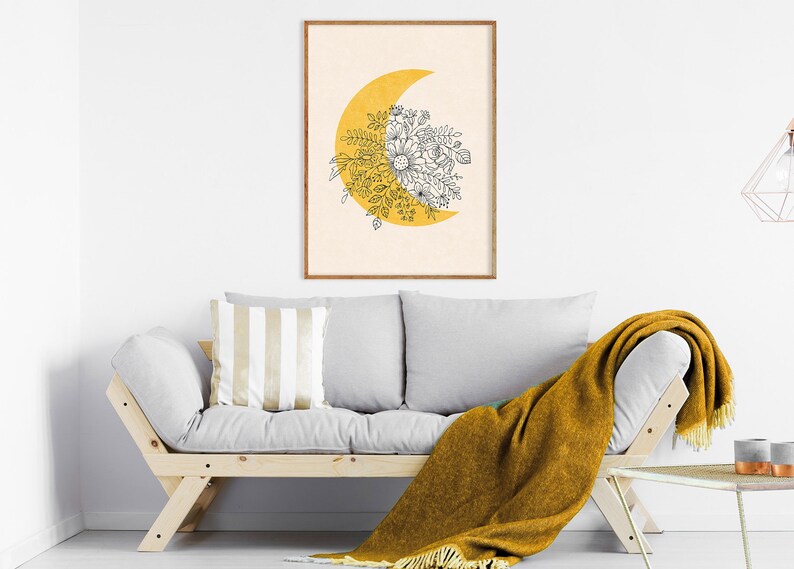 Yellow Moon Art Boho Wall Decor Moon Floral Art Print - Etsy