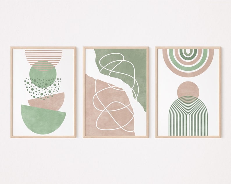 Mid Century Modern Wall Art Set of 3 Prints Blush Pink and | Etsy