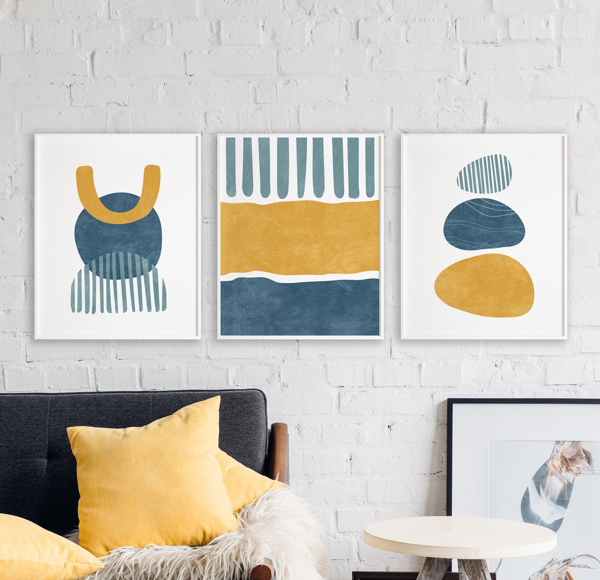 Mid Century Wall Art Set of 3 Prints, Navy Blue and Mustard Yellow 3 ...