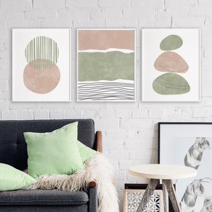 Mid Century Modern Art Set of 3 Prints, Abstract Wall Art Sage Green ...