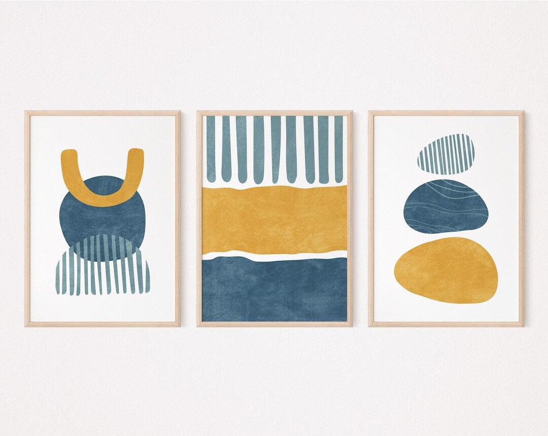Mid Century Wall Art Set of 3 Prints, Navy Blue and Mustard Yellow 3 ...