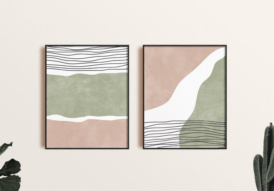 Sage Green and Blush Pink Wall Art Set of 2 Prints Mid - Etsy