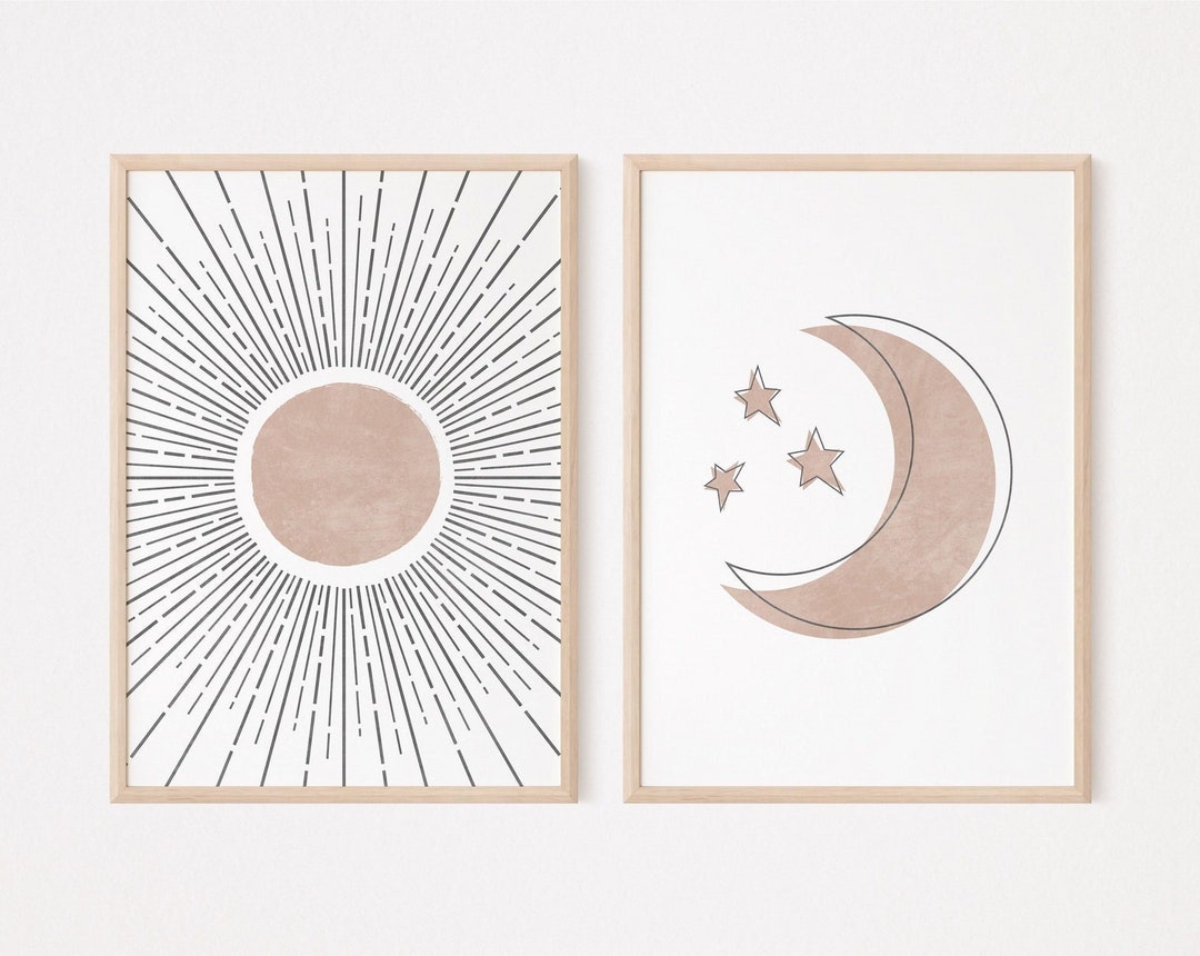 Boho Sun and Moon Wall Art Set of 2 Prints, Blush Pink Wall Art ...