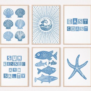Coastal Gallery Wall Art Set of 6 Prints, Dusty Blue Retro Fishes ...