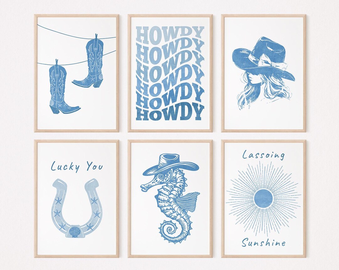 Coastal Cowgirl Gallery Wall Art Set of 6 Prints, Dusty Blue Retro ...