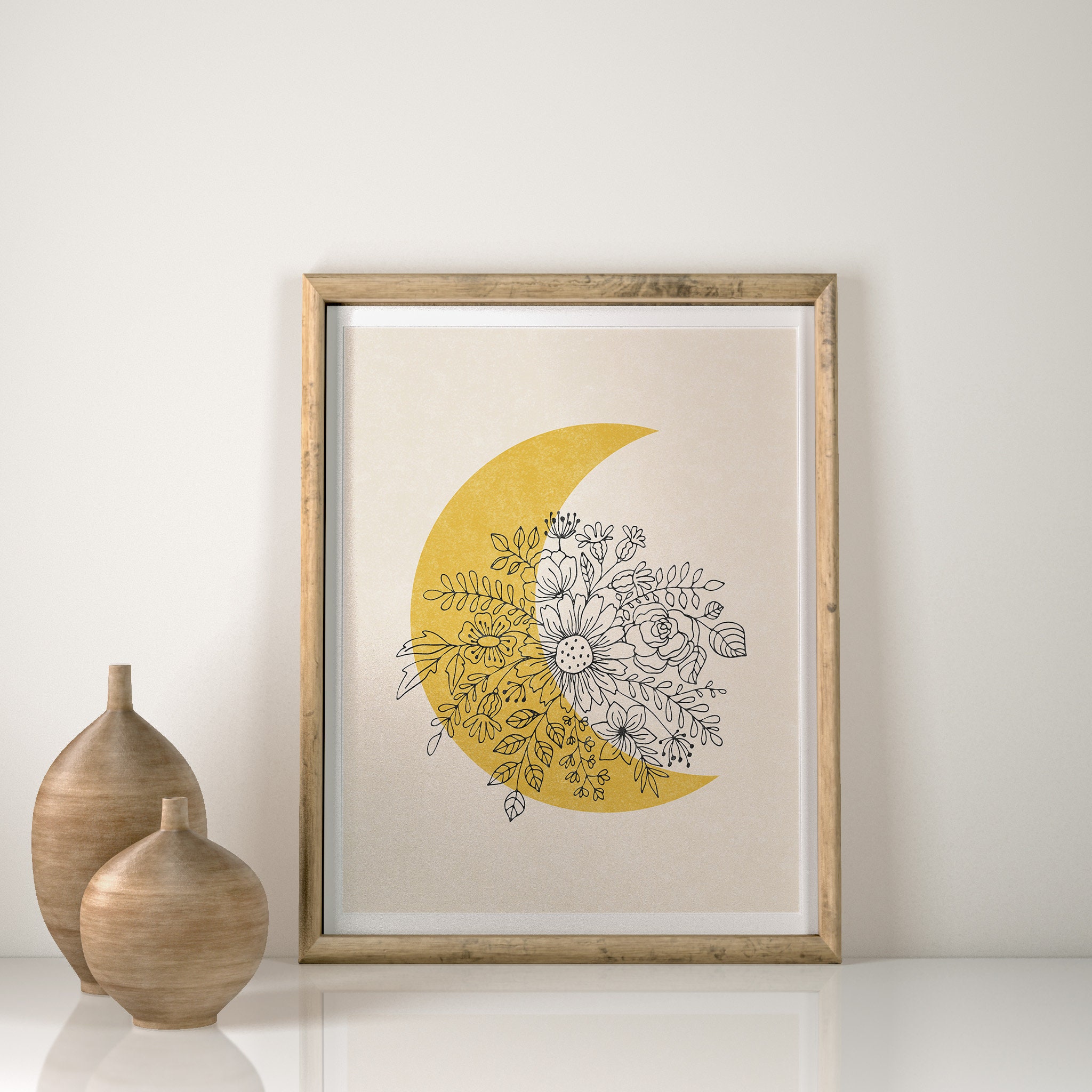 Yellow Moon Art Boho Wall Decor Moon Floral Art Print - Etsy