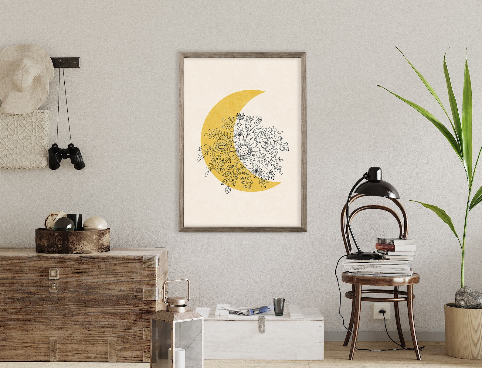 Yellow Moon Art Boho Wall Decor Moon Floral Art Print - Etsy