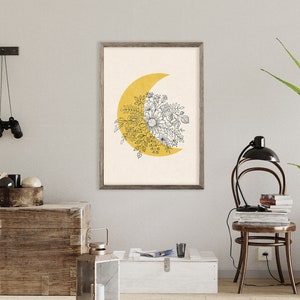 Yellow Moon Art Boho Wall Decor, Moon Floral Art Print Botanical Wall ...