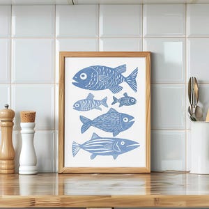 Coastal Gallery Wall Art Set of 6 Prints, Dusty Blue Retro Fishes ...
