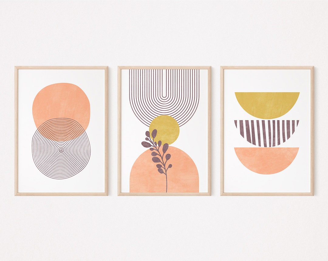 Mid Century Modern Wall Art Set of 3 Prints, Peach Brown and Mustard ...