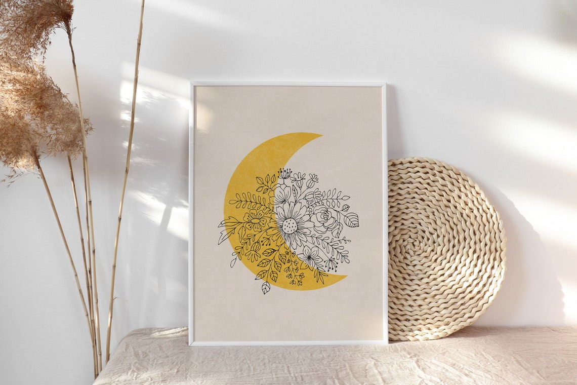 Yellow Moon Art Boho Wall Decor Moon Floral Art Print - Etsy