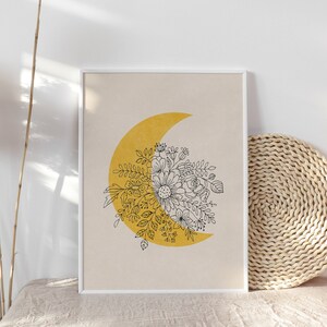 Yellow Moon Art Boho Wall Decor, Moon Floral Art Print Botanical Wall ...