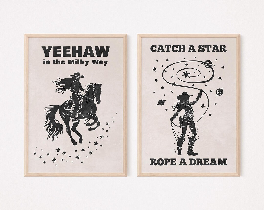 Western Cowgirl Wall Art Set of 2 Prints, Cosmic Cowgirl Art, Black ...