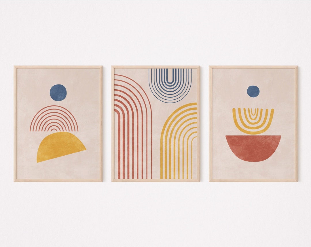 Mid Century Modern Wall Art Set of 3 Prints, Colorful Geometric Wall ...