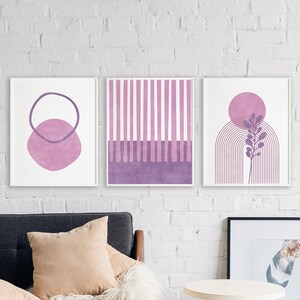 Mid Century Modern Wall Art Set of 3 Prints, Lilac Purple Wall Art ...