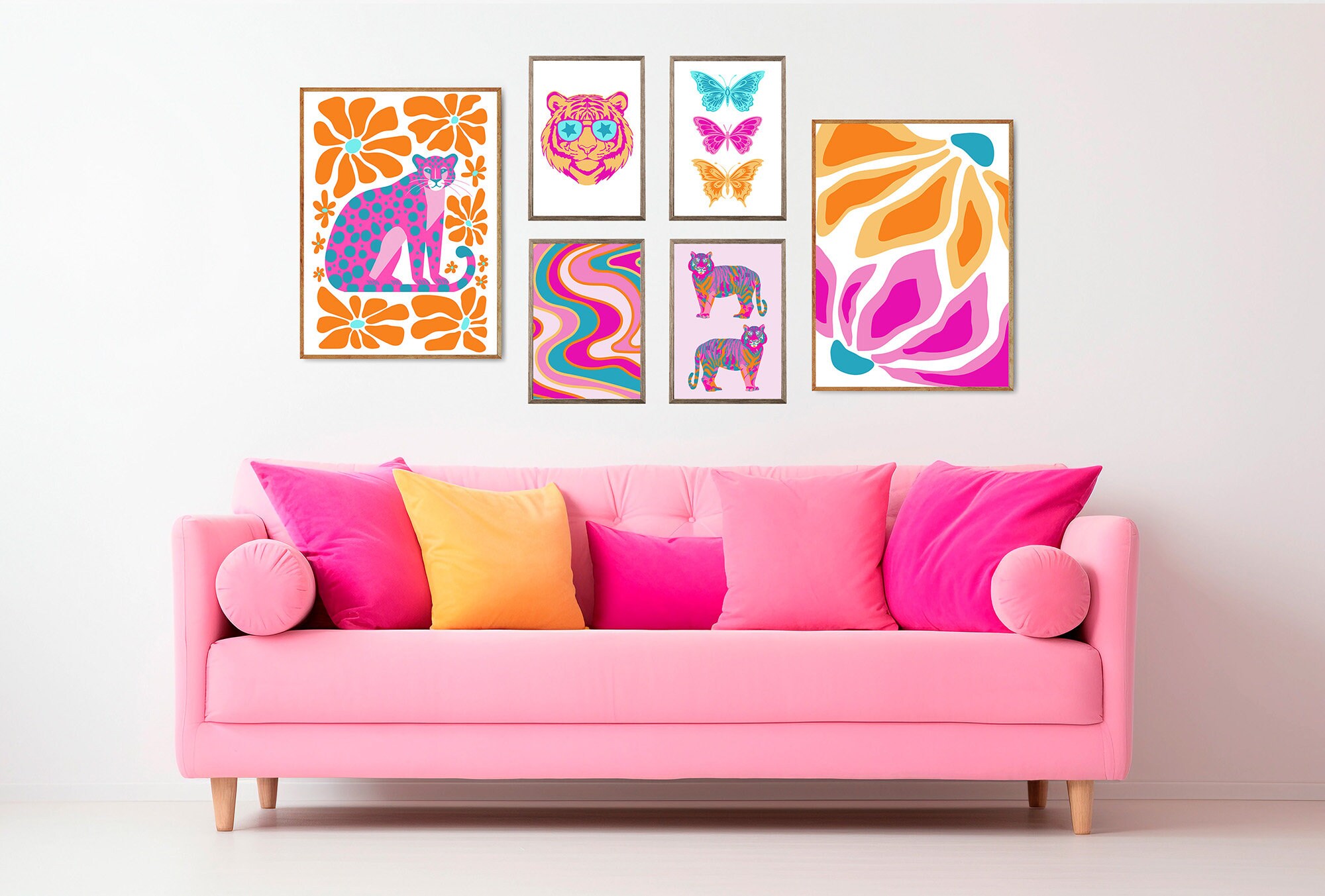 Preppy Gallery Wall Set of 6 Prints, Tiger Poster, Teal Orange Pink ...