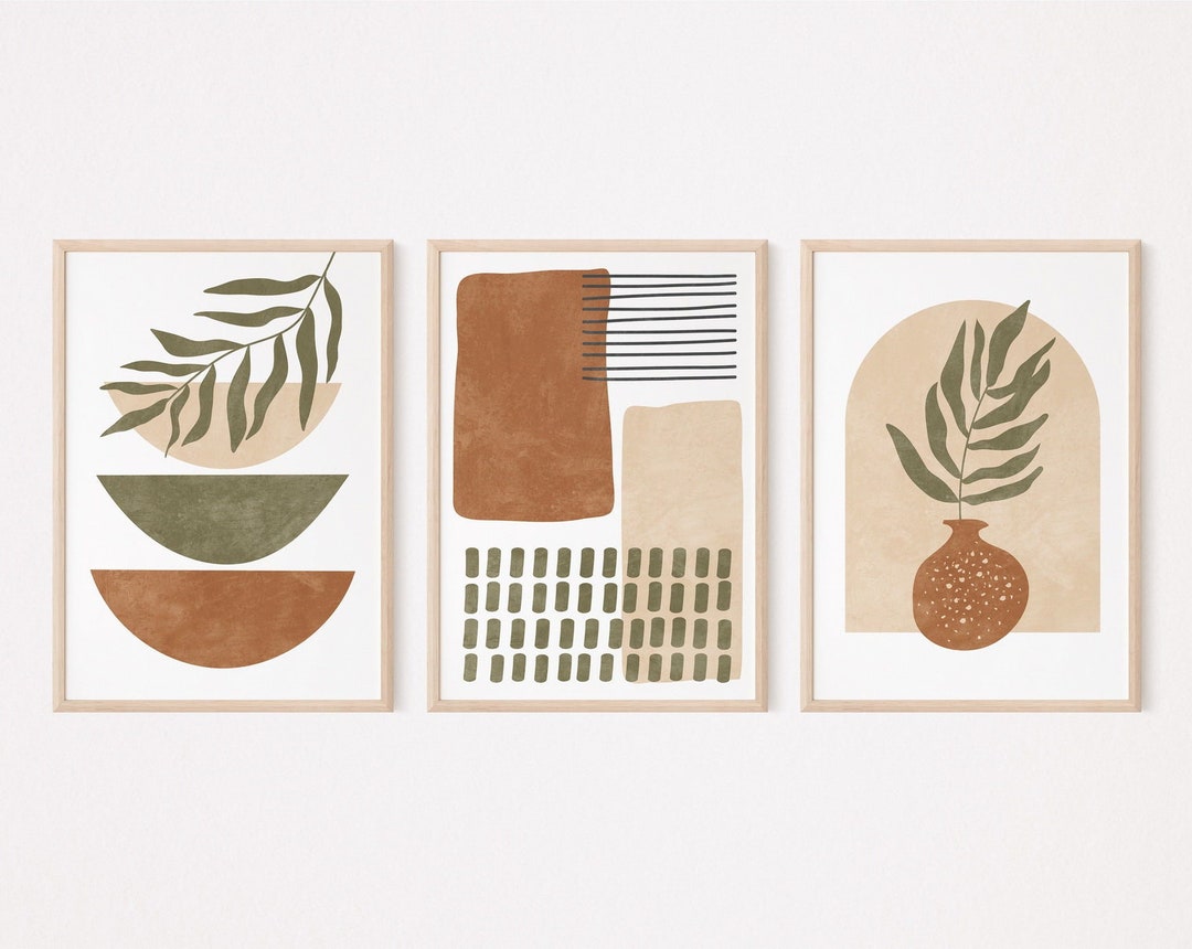 Mid Century Modern Wall Art Set of 3 Prints, Sage Green Burnt Orange ...