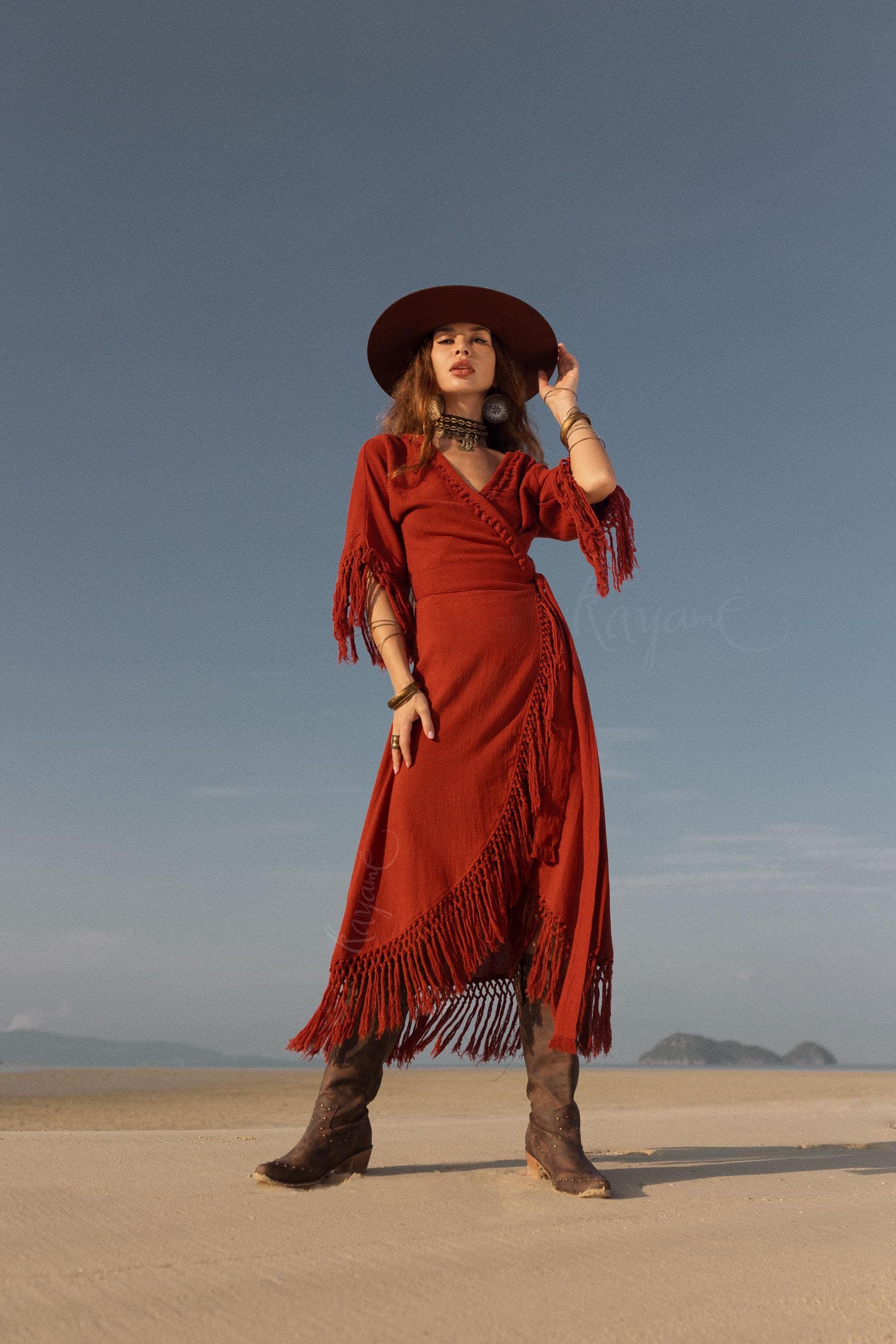 RED BOHO DRESS ꧁kayame꧂ Fringe Bohemian Dress • Boho Maxi Dress • Red ...