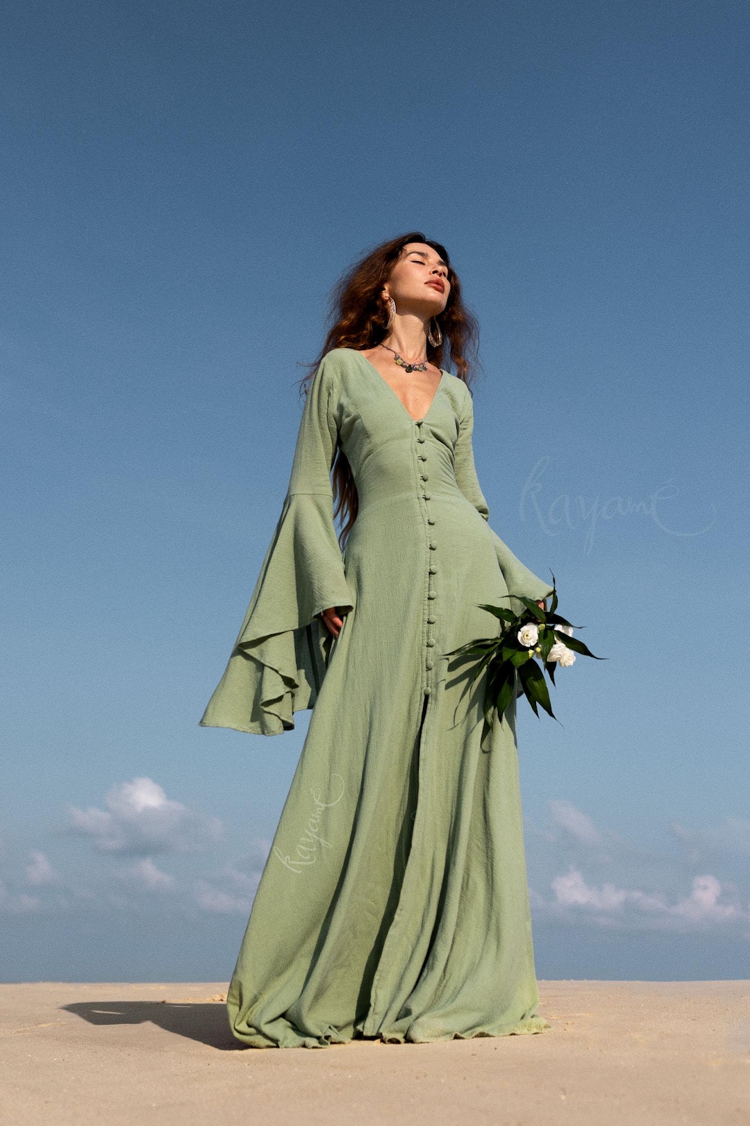 GREEN ELVEN DRESS ꧁kayame꧂ Goddess Dress • Green Boho Dress • Medieval ...