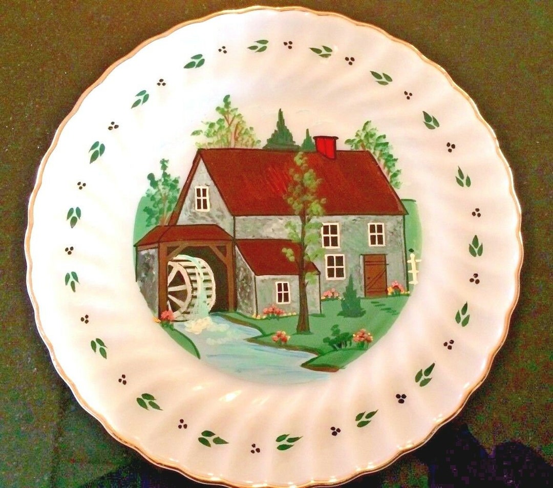 Vintage White Fire King Plate Painted Cottage Scene 10 - Etsy New Zealand