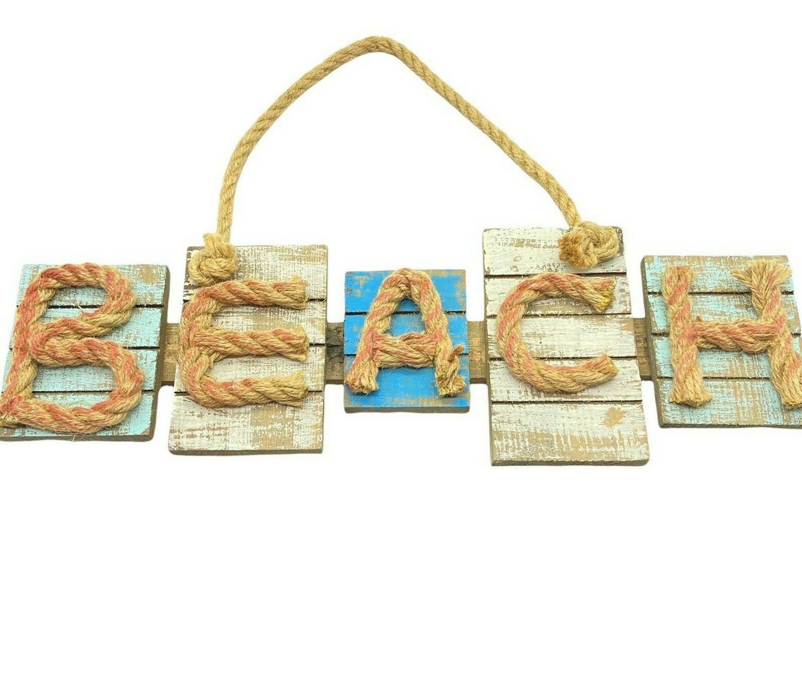 Wooden & Rope BEACH Sign Rustic Distressed 3D Wooden Hanging Wall Decor ...