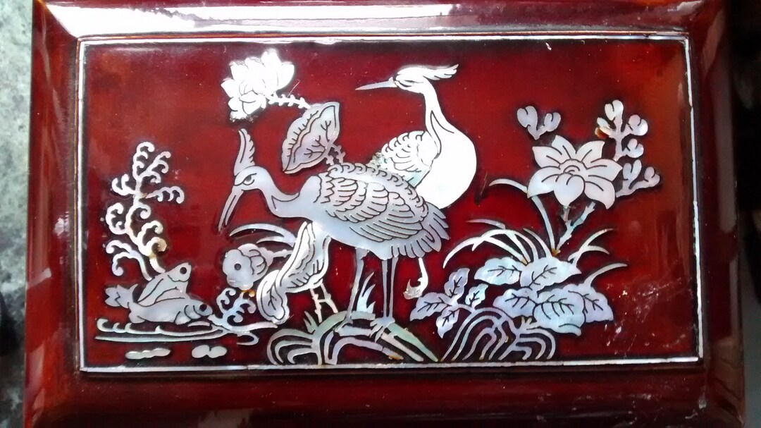 Vintage Asian Jewelry Box, Abalon Box, Box With Crane Birds, Jewelry ...