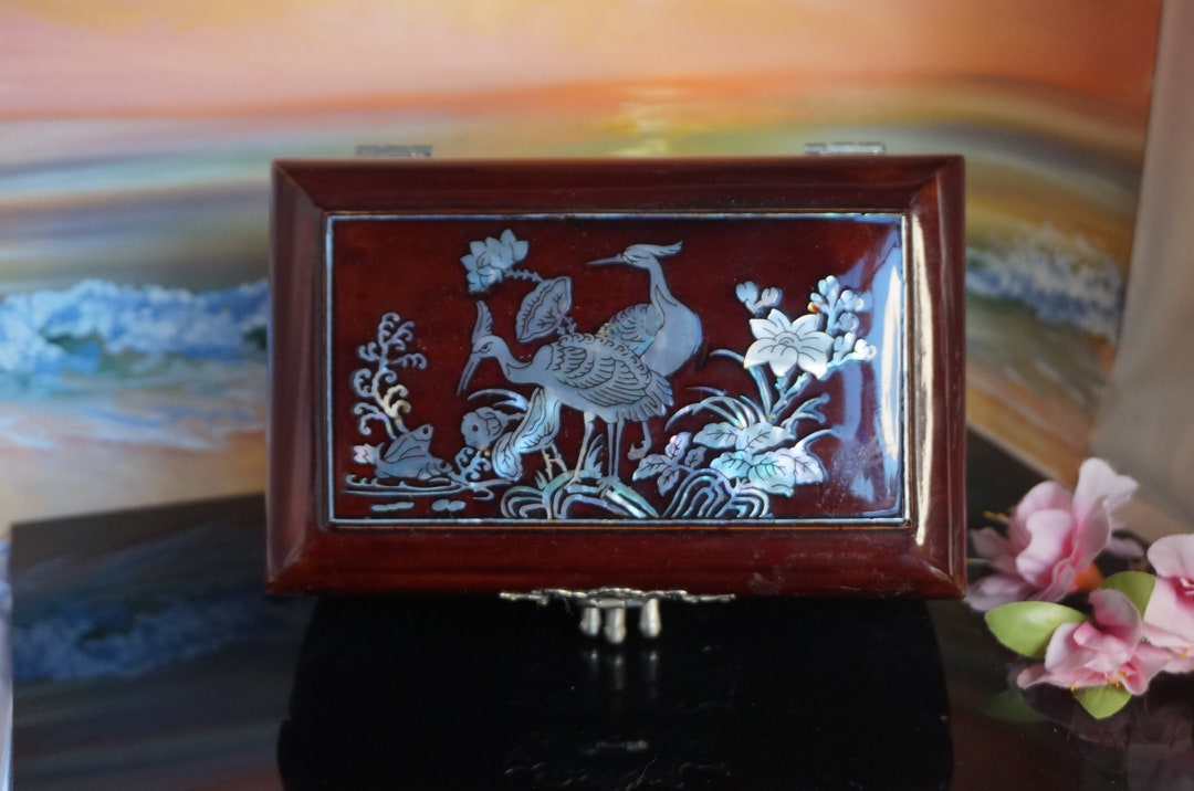 Vintage Asian Jewelry Box, Abalon Box, Box With Crane Birds, Jewelry ...