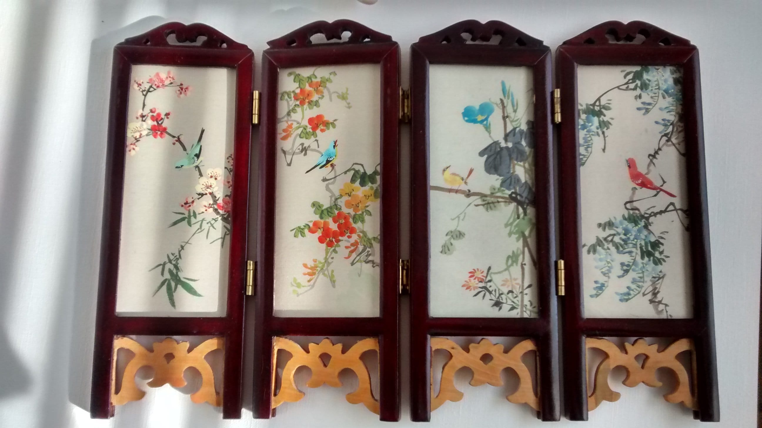 Vintage Chinese Silk Screen Table Decor Birds Flowers - Etsy