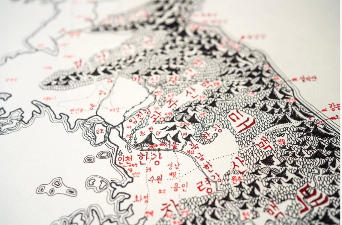 Korea Map Hand Drawn Fantasy Map for Home Decor - Etsy