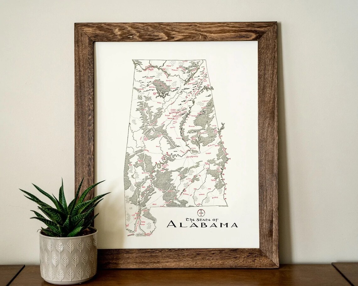 Alabama Map Hand Drawn Fantasy Map for Home Decor - Etsy