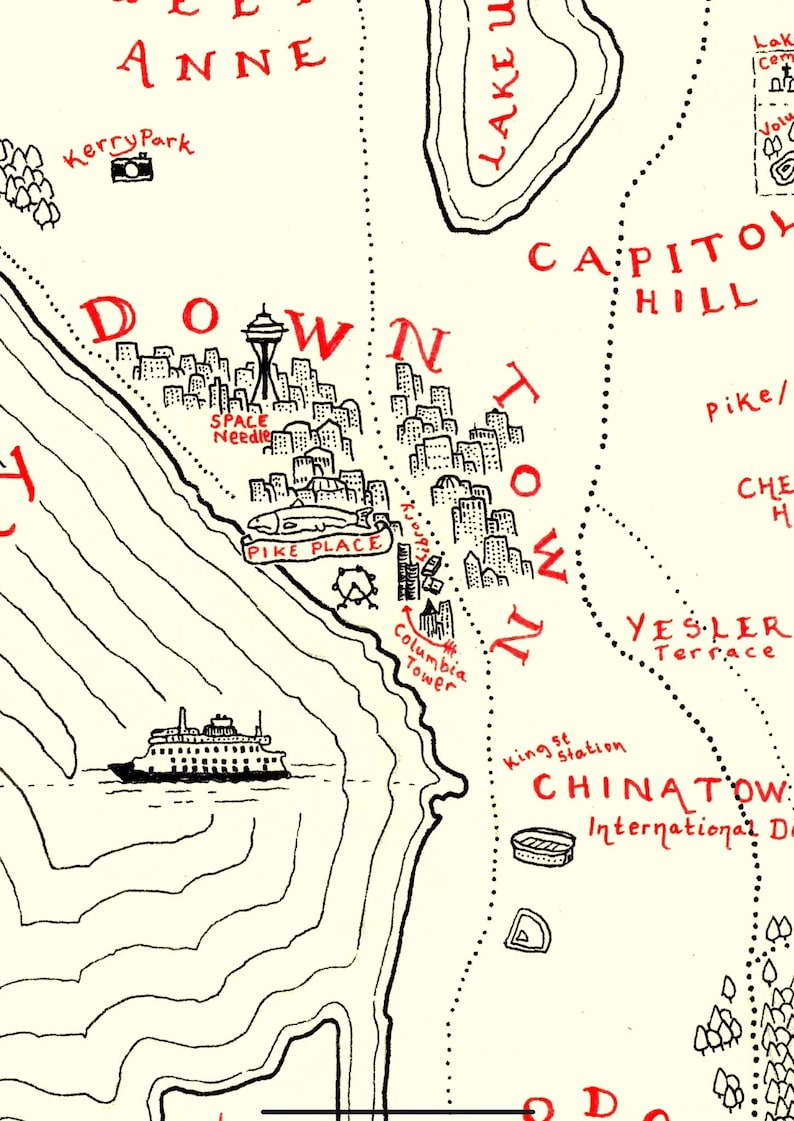 Seattle Map Hand Drawn Fantasy Map for Home Decor - Etsy